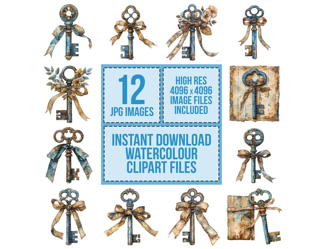 12 Vintage Key Clipart, Watercolor Antique Key Clipart, Printable ...