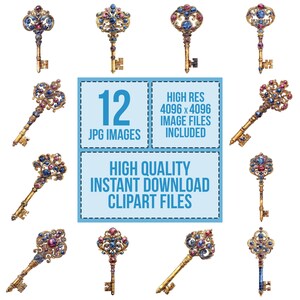 Jeweled Key Clip Art, 12x Watercolor Key With Gems Clipart Set ...