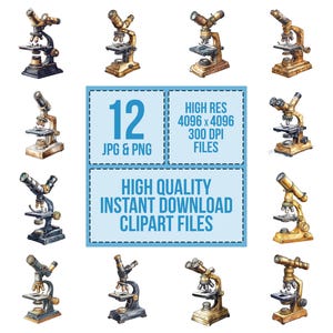 Vintage Microscope PNG Clipart, 12x Brass Microscope Clip Art Set ...
