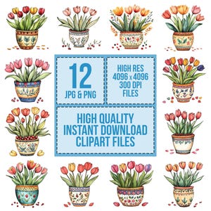 Folk Floral Pot Clipart, 12x Flower Pots With Tulips Clip Art Set ...
