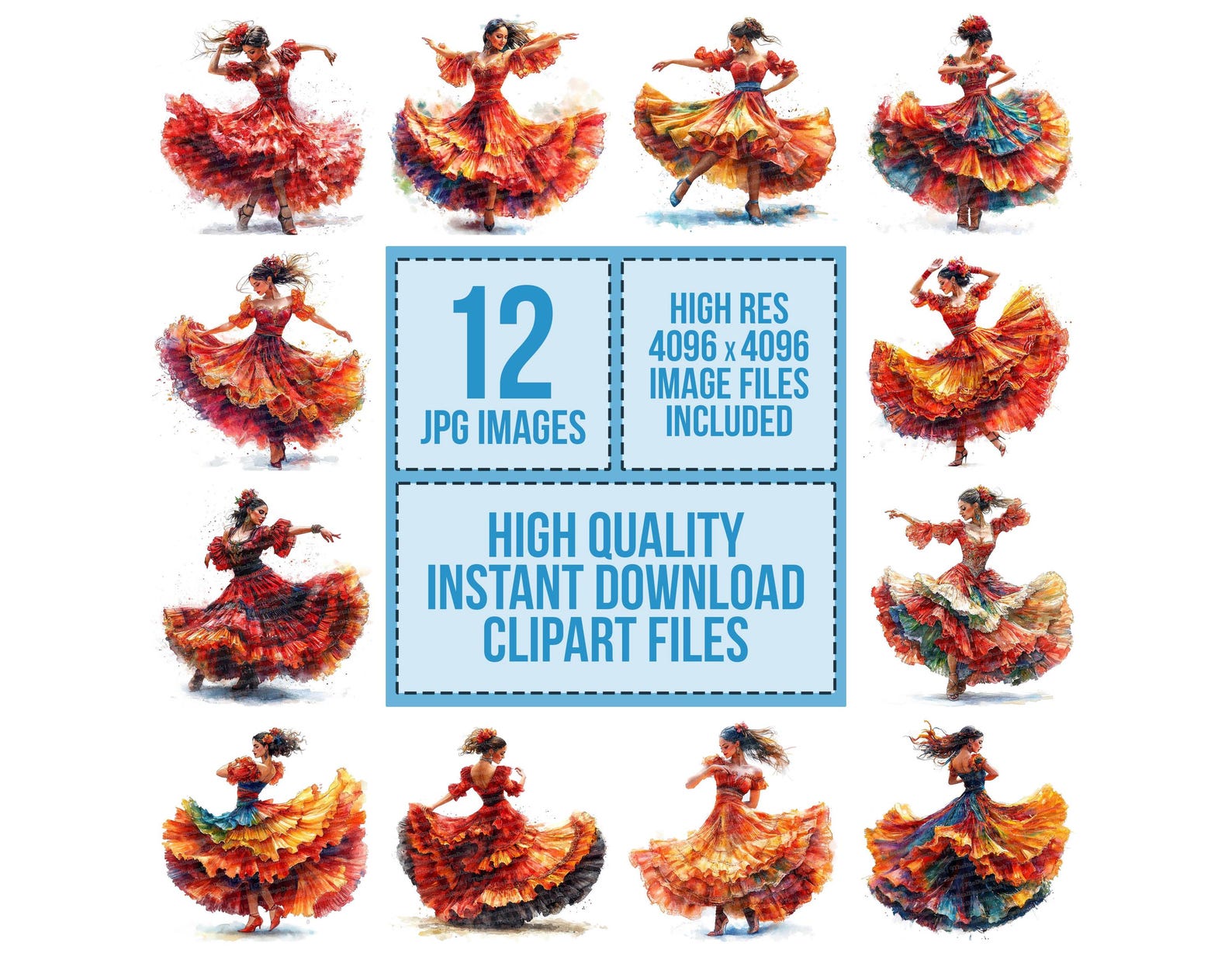 12 Flamenco Dancer Watercolor Clipart, Spanish Woman Dancer, Printable ...