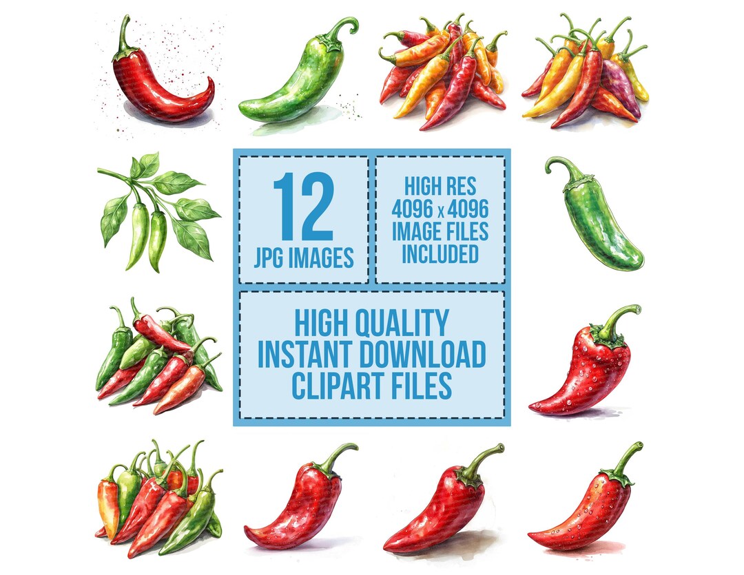 12 Red Chilli Pepper Clipart, Watercolor Green Chilis, Printable ...