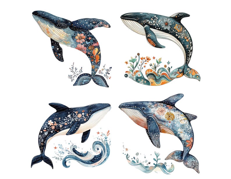 Folk Whale With Waves PNG Clipart, 12x Floral Whale Clip Art Set ...