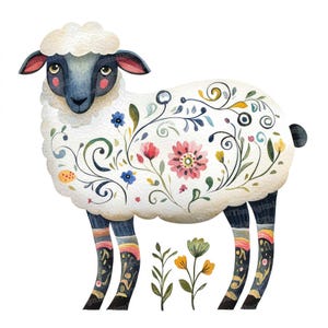 Sheep Clip Art, 12x Folk Art Sheep Clipart Set, Watercolor Sheep Clip ...