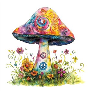 Mushroom Clip Art, 12x Boho Peace Sign Clipart Set, Hippie 70s ...