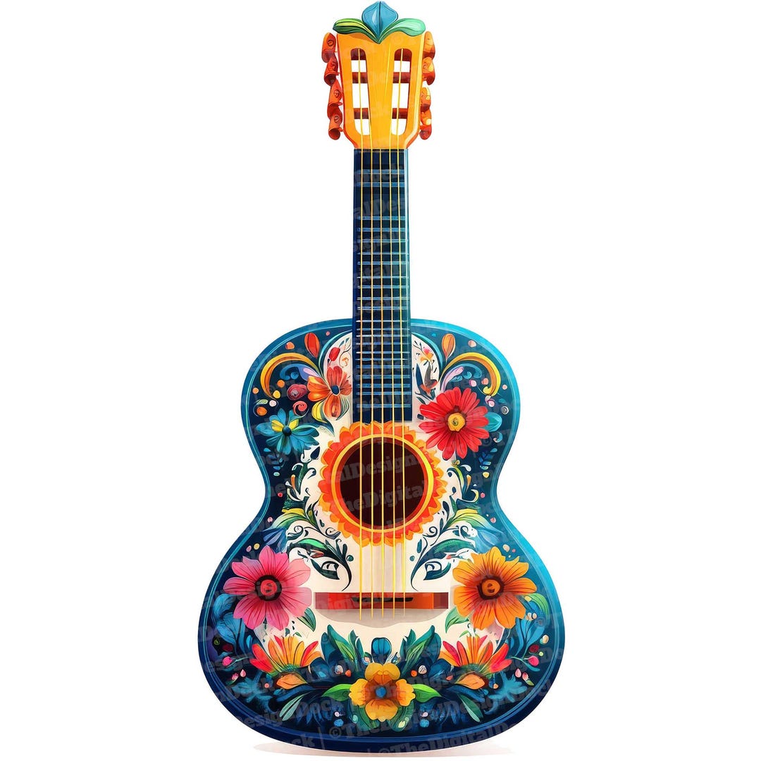 12 Floral Guitar Clipart, Mexican Folk Art Design, Printable Watercolor ...