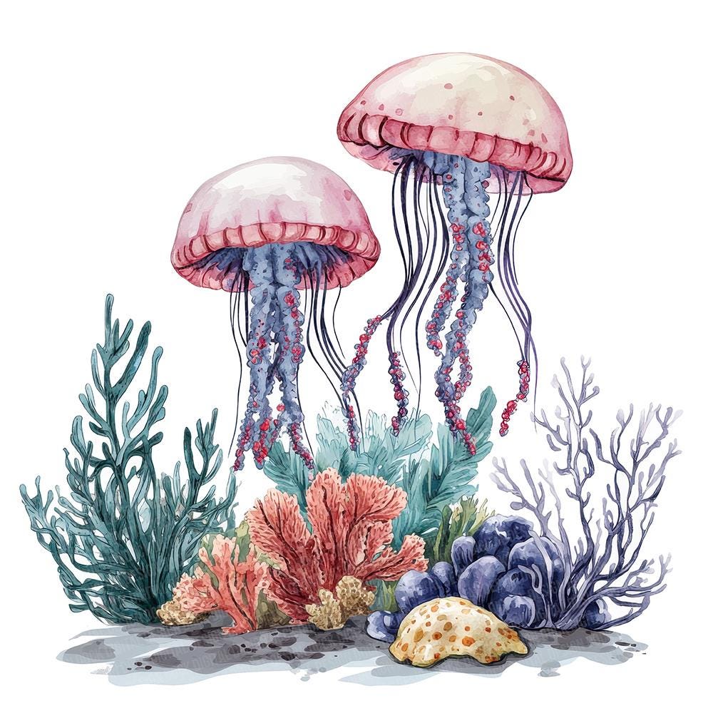 12x Marine Jellyfish PNG Clipart, Watercolor Sea Life Clip Art Set ...
