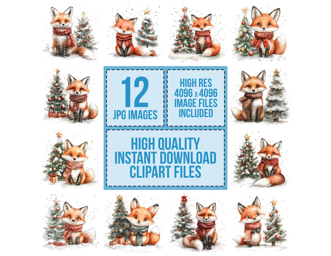 12x Christmas Fox Clipart, Holiday Woodland Animal, High Quality Jpgs ...