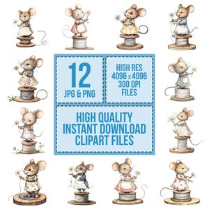 Mouse Clipart, 12x Thread Spool Mice Clip Art Set, Printable Watercolor ...