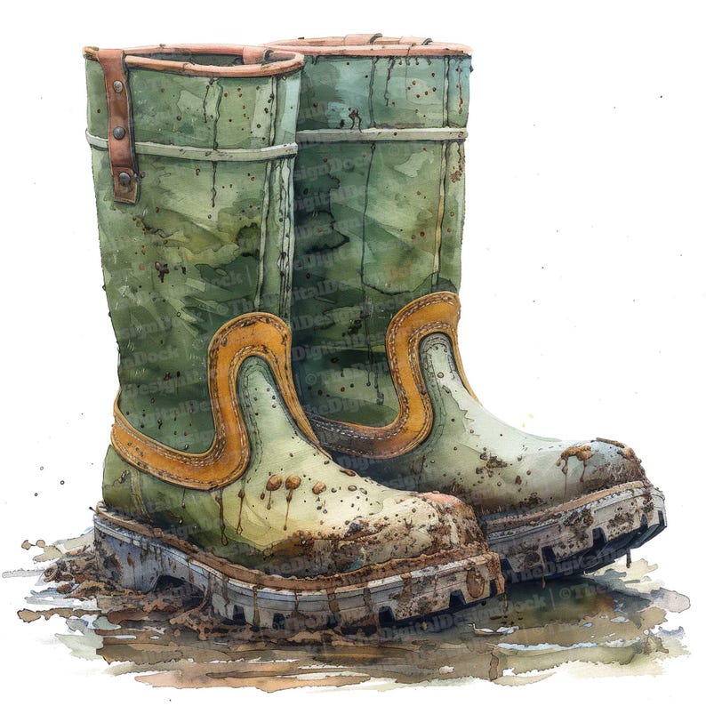 12 Rustic Muddy Boots Clipart, Watercolor Farm Boots Clipart, Printable ...
