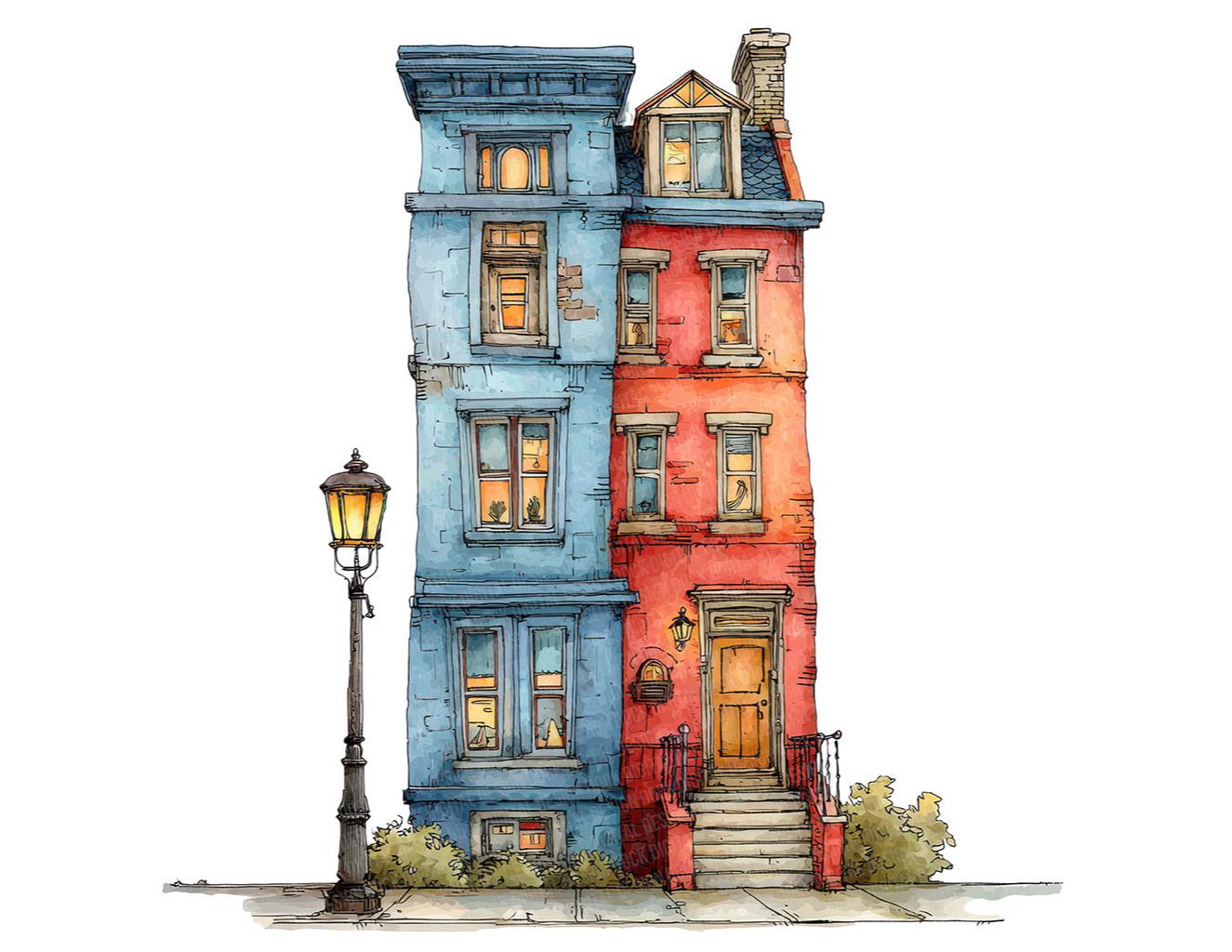 12x Skinny Townhouse PNG Clipart, Watercolor Quirky Tall Houses Clip ...