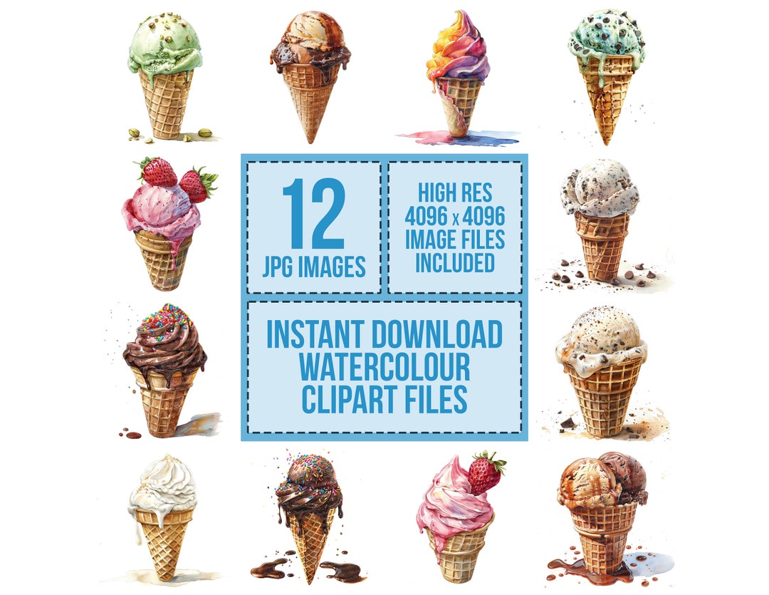 12 Ice Cream Cone Clipart, Sweet Dessert Clipart, Printable Watercolor ...