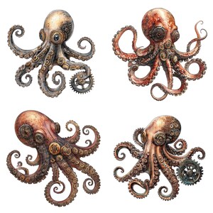 Steampunk Octopus PNG Clipart, 12x Mechanical Kraken Clip Art Set,printable Watercolor ...