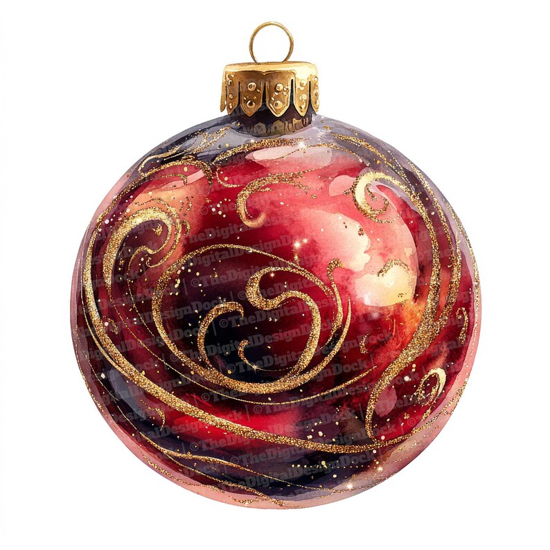 12 Red Christmas Ornament Clipart, Watercolor Baubles With Gold Swirls ...