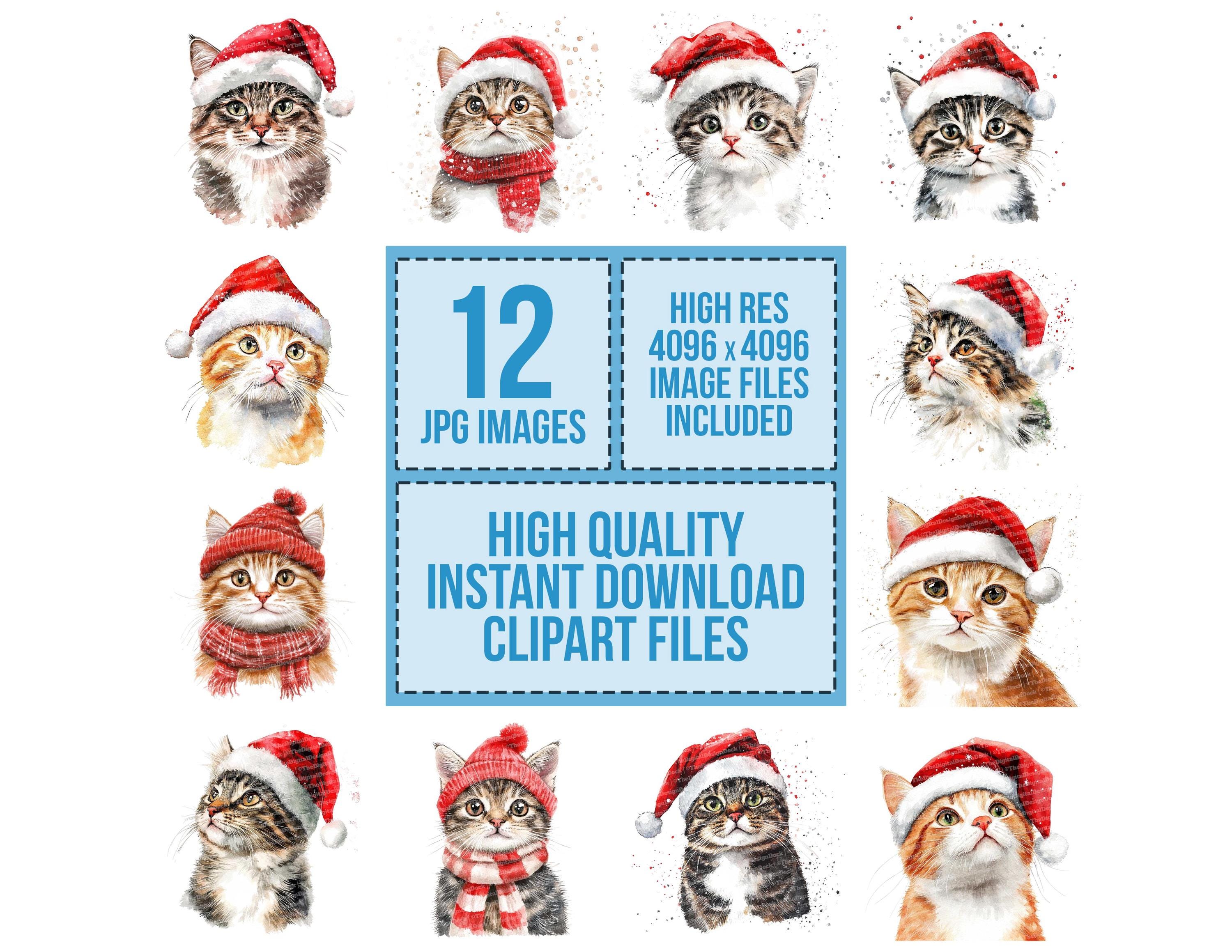 Christmas Cat Clip Art, 12x Santa Cat Watercolor Clipart Set, Printable ...