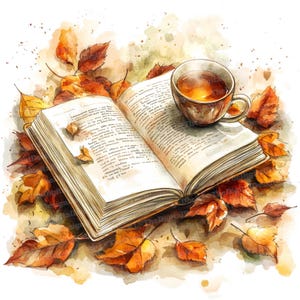 12 Cozy Autumn Book Clipart, Coffee and Fall Leaves, Printable ...