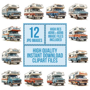 12 Retro Camper Van Clipart, Watercolor Vintage RV Art, Classic Travel ...