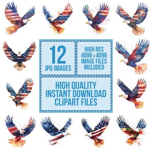 12 American Eagle Watercolor Clipart, Patriotic Flag Art, Printable ...