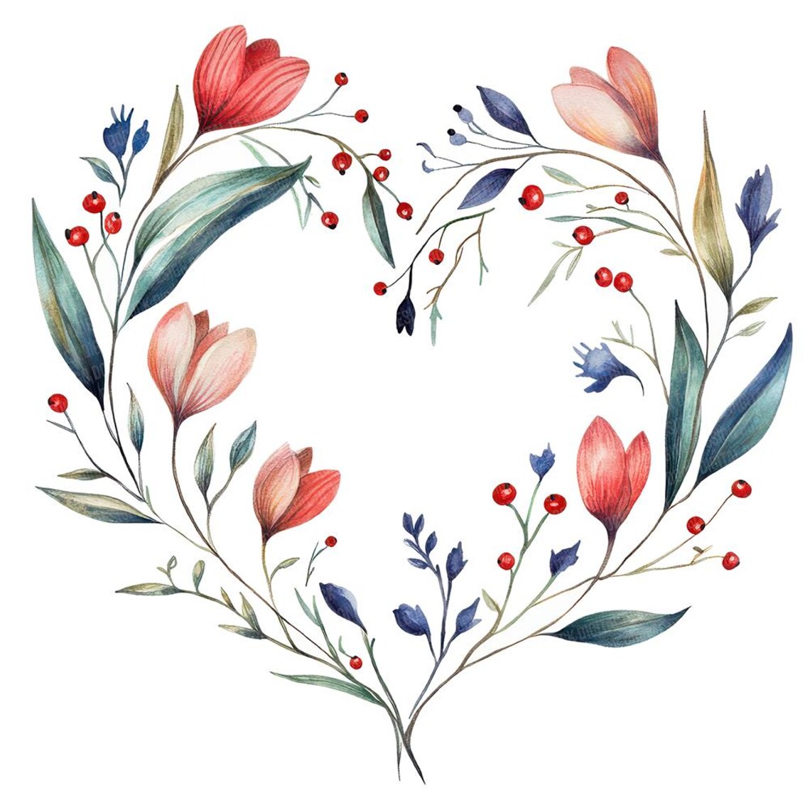 Folk Floral Heart Wreath Clipart, 12x Heart Wreath With Flowers Clip ...