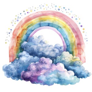12 Rainbow and Clouds Clipart, Cute Watercolor Clipart, Printable ...