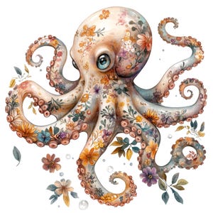12x Floral Octopus Clipart, Watercolor Sea Creatures, Printable Clipart ...