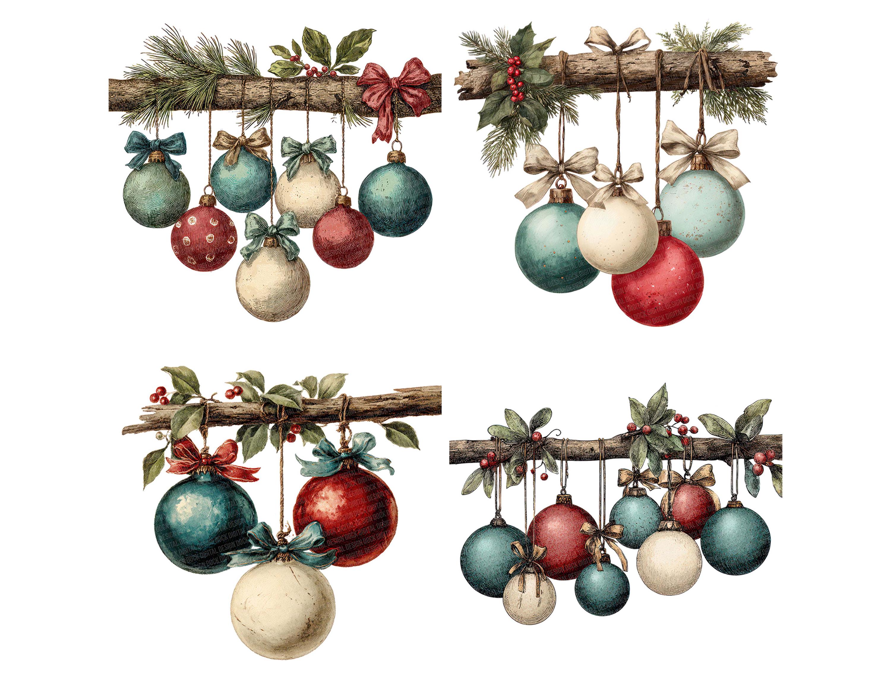 12x Christmas Ornament PNG Clipart, Rustic Hanging Bauble Clip Art Set ...