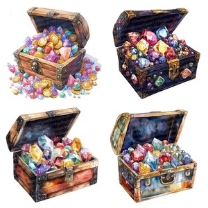 Treasure Chest Clip Art, 12x Gemstone Treasure Clipart Set, Watercolor ...