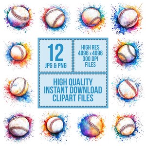 12 Baseball PNG Clipart, Watercolor Sports Ball Art, Vibrant Baseball ...