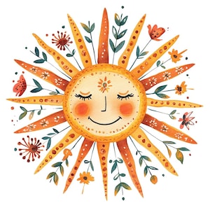 Folk Sun With Face PNG Clip Art, 12x Happy Sun Clipart Set, Watercolor ...