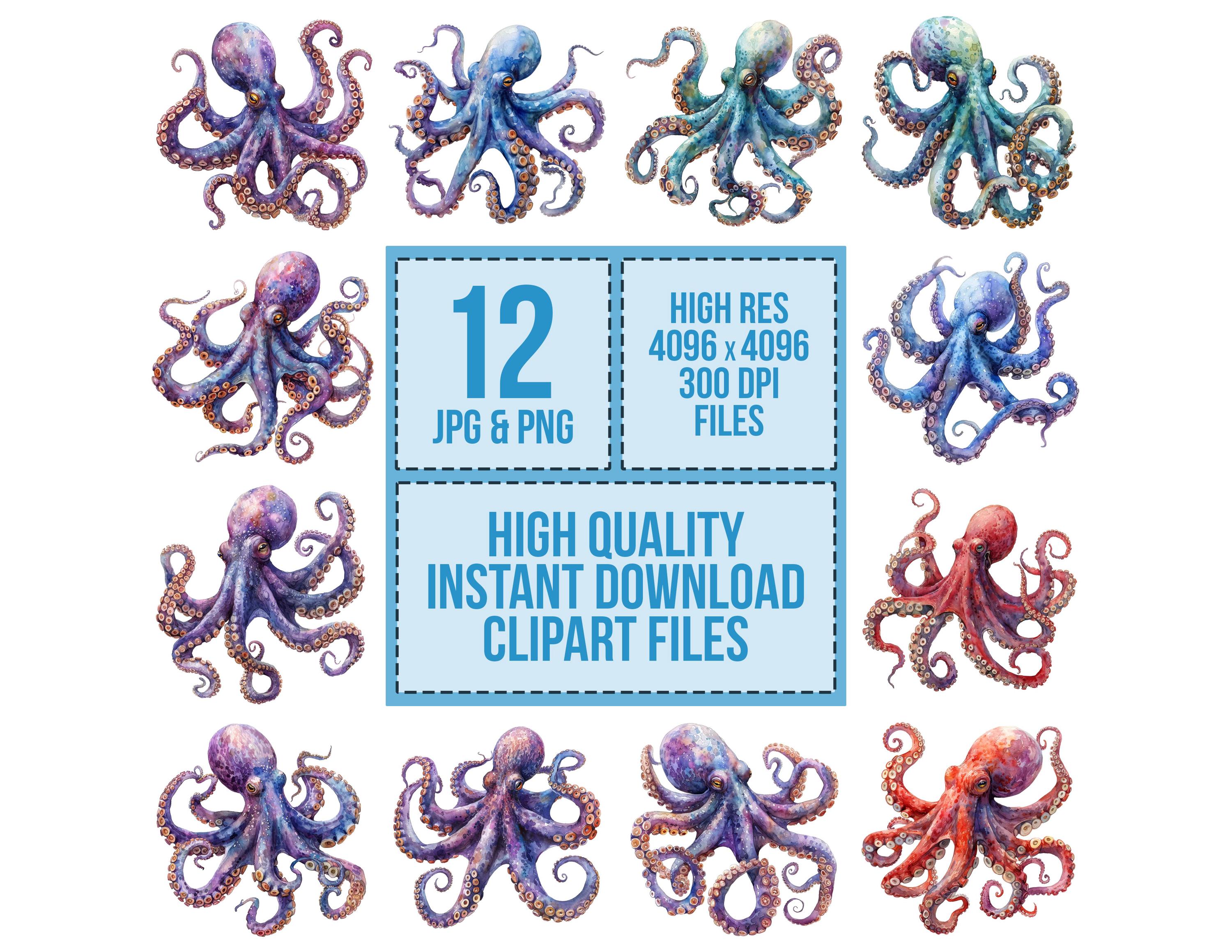 Octopus Clipart, 12x Watercolor Ocean Creature PNG Set, Printable Sea ...