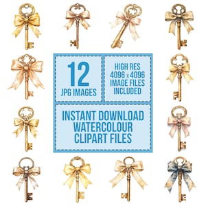 12x Vintage Gold Key Clipart, Watercolor Decorative Keys, High Quality ...