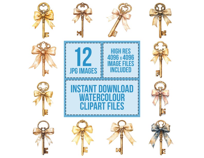 12x Vintage Gold Key Clipart, Watercolor Decorative Keys, High Quality ...