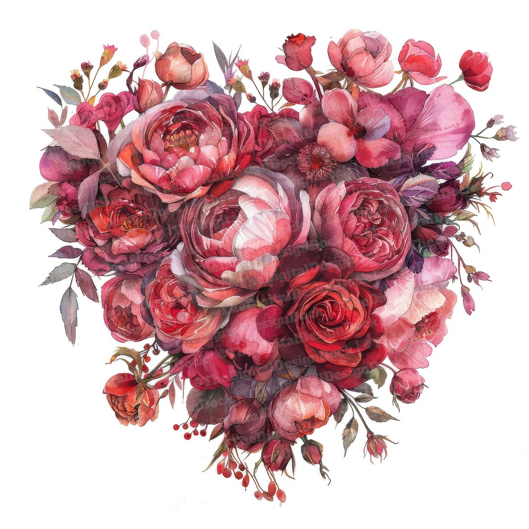 12 Floral Heart Clipart, Watercolor Flower Clipart, Printable ...
