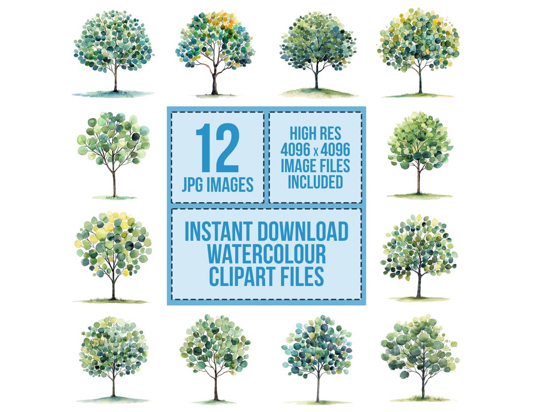 12 Green Tree Clipart, Spring Leaves Clipart, Printable Watercolor ...