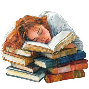 Sleeping Reader PNG Clipart, 12x Woman Asleep on Books Clip Art Set ...