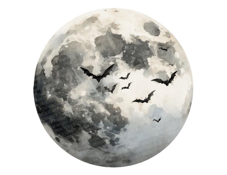 12 Full Moon PNG Clipart With Bat Silhouettes, Halloween Watercolor ...