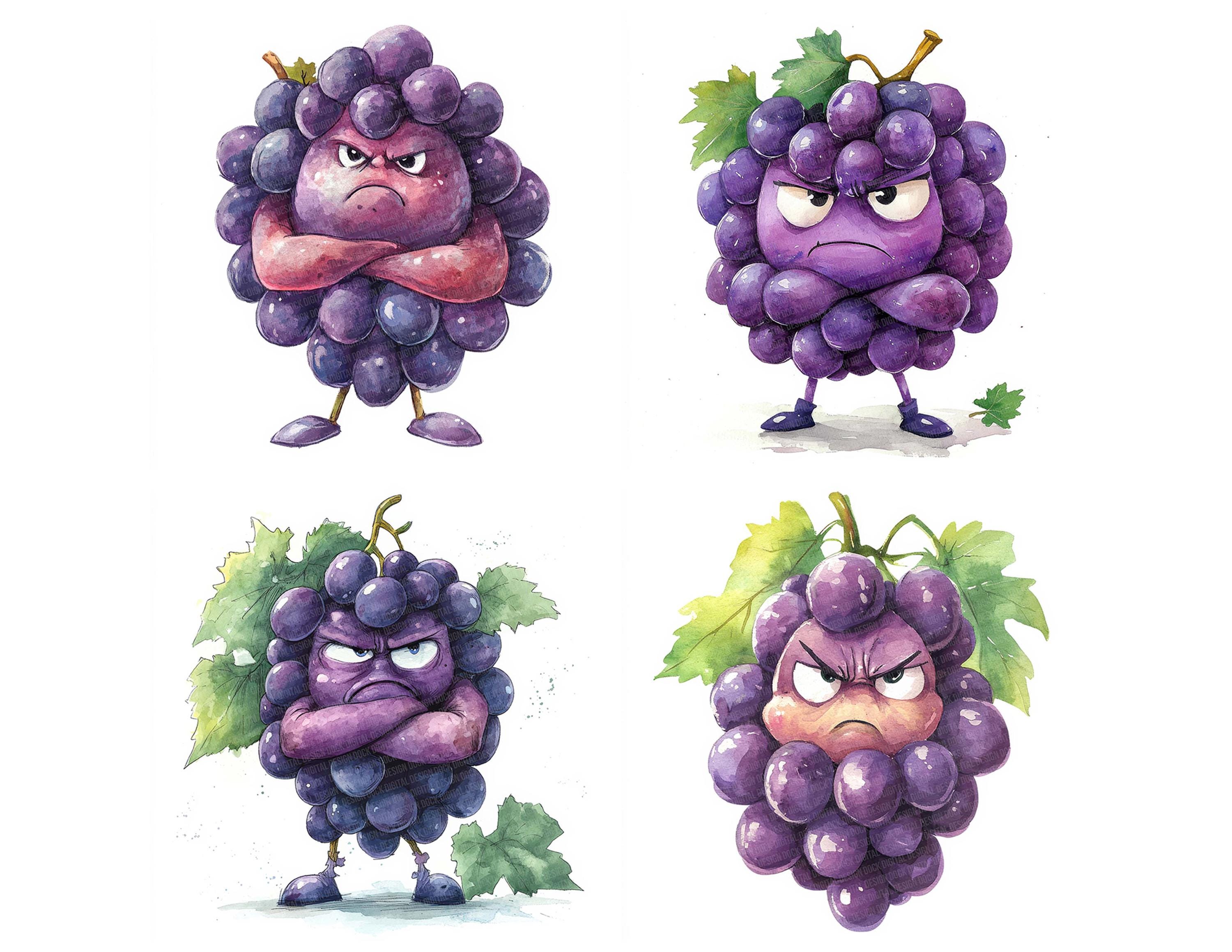 Grumpy Grapes PNG Clip Art, 12x Funny Fruit Character Clipart Set ...