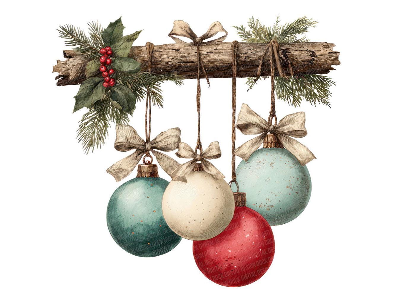 12x Christmas Ornament PNG Clipart, Rustic Hanging Bauble Clip Art Set ...