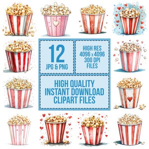 Popcorn Bucket PNG Clipart, 12x Watercolor Movie Snack Clip Art Set ...