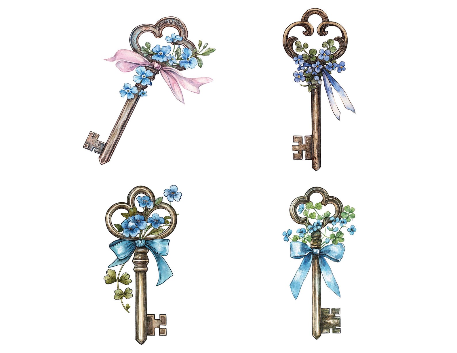 12x Ornate Key PNG Clipart, Antique Key With Flowers Clip Art Set ...