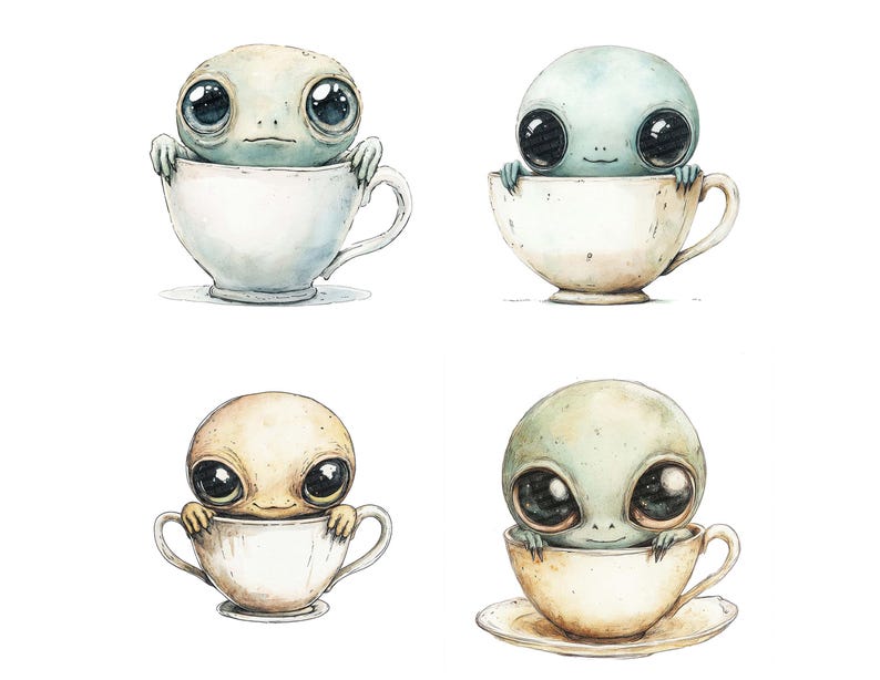 Alien Clipart, 12x Teacup Alien PNG Clip Art Set, Printable Watercolor ...