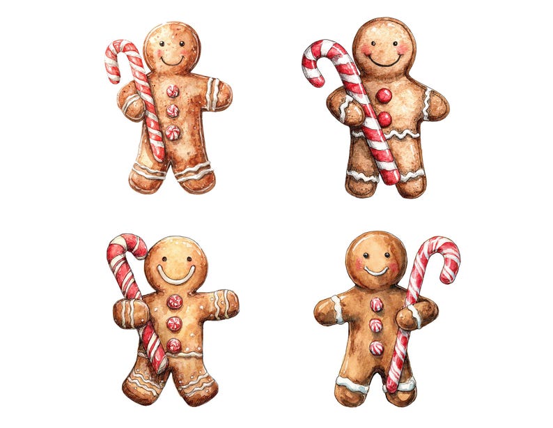 12x Christmas Gingerbread Man With Candy Cane PNG Clipart, Watercolor ...