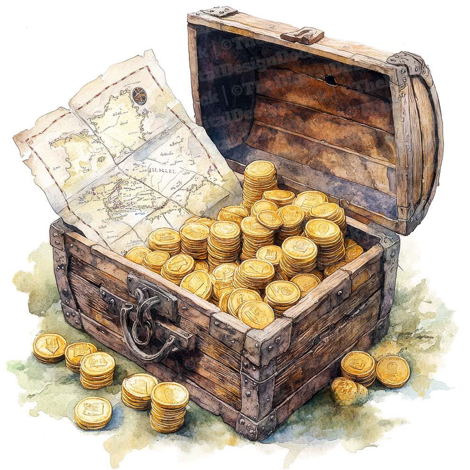 Treasure Map Chest Clip Art, 12x Gold Coins Maps Clipart Set, Printable ...