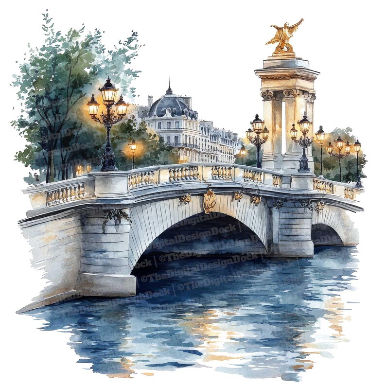 12 Paris Bridge Clipart, Watercolor Pont Alexandre III Art, Printable ...