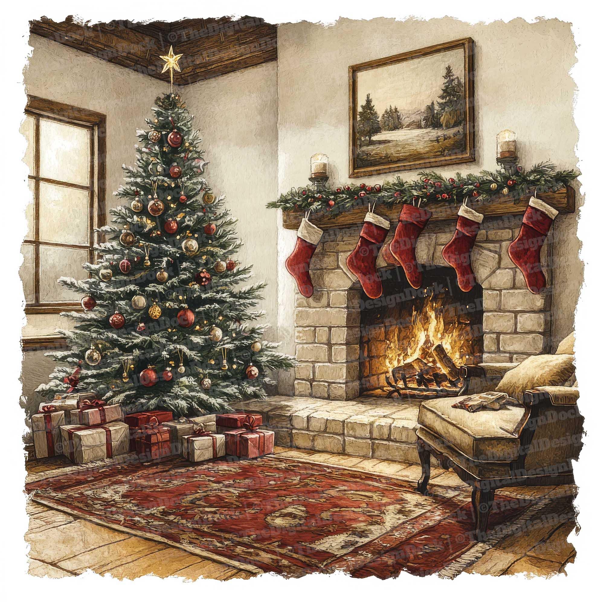 12 Cozy Christmas Scene Clipart, Watercolor Holiday Fireplace ...