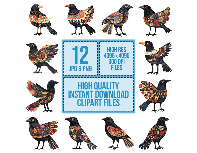 Folk Crow PNG Clipart, 12x Floral Crow Clip Art Set, Printable ...