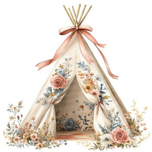Floral Teepee Clipart, Kids Boho Tent Watercolor, Printable Clipart ...