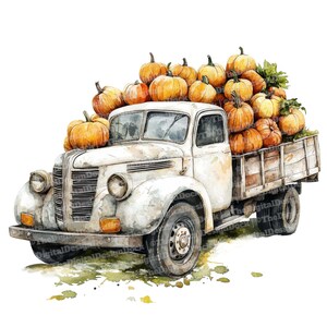Pumpkin Truck Clip Art, 12x Watercolor Vintage Truck Pumpkins Harvest ...