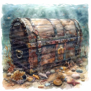 Treasure Chest Clipart, 12 Jpgs, Marine Sea Ocean, Printable Watercolor ...