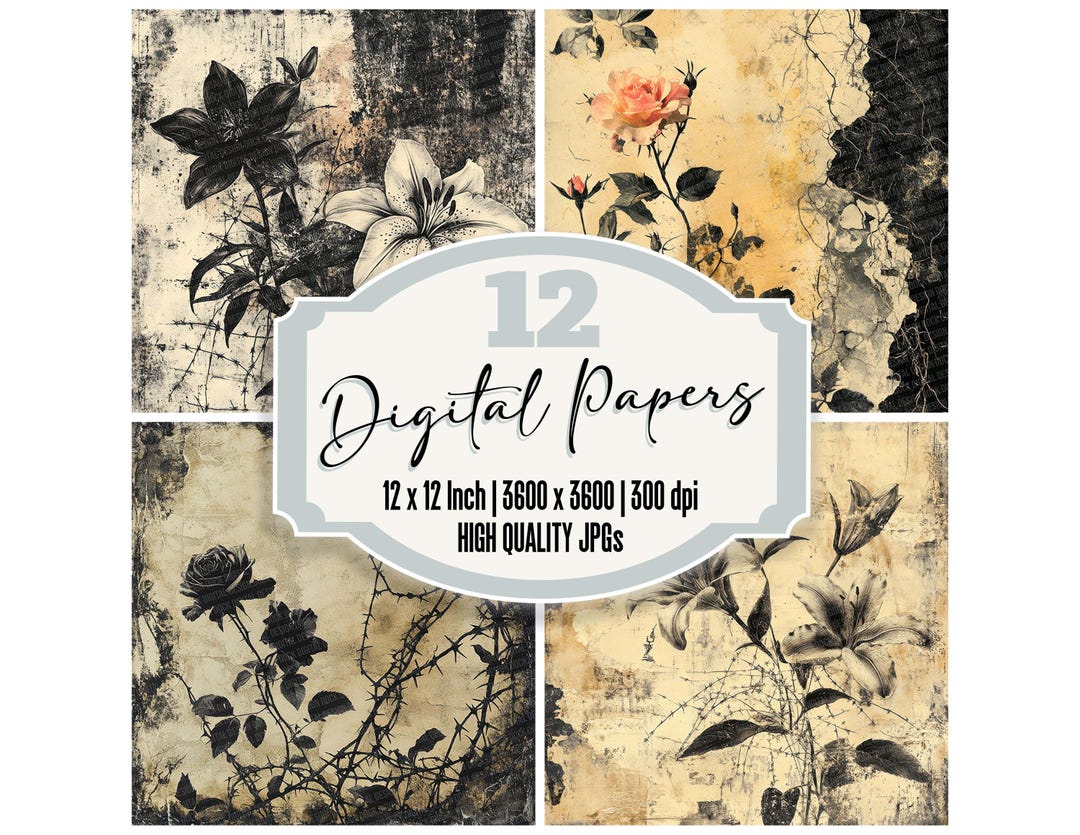 12x Gritty Floral Remnants Junk Journal Paper Vintage Digital Paper ...